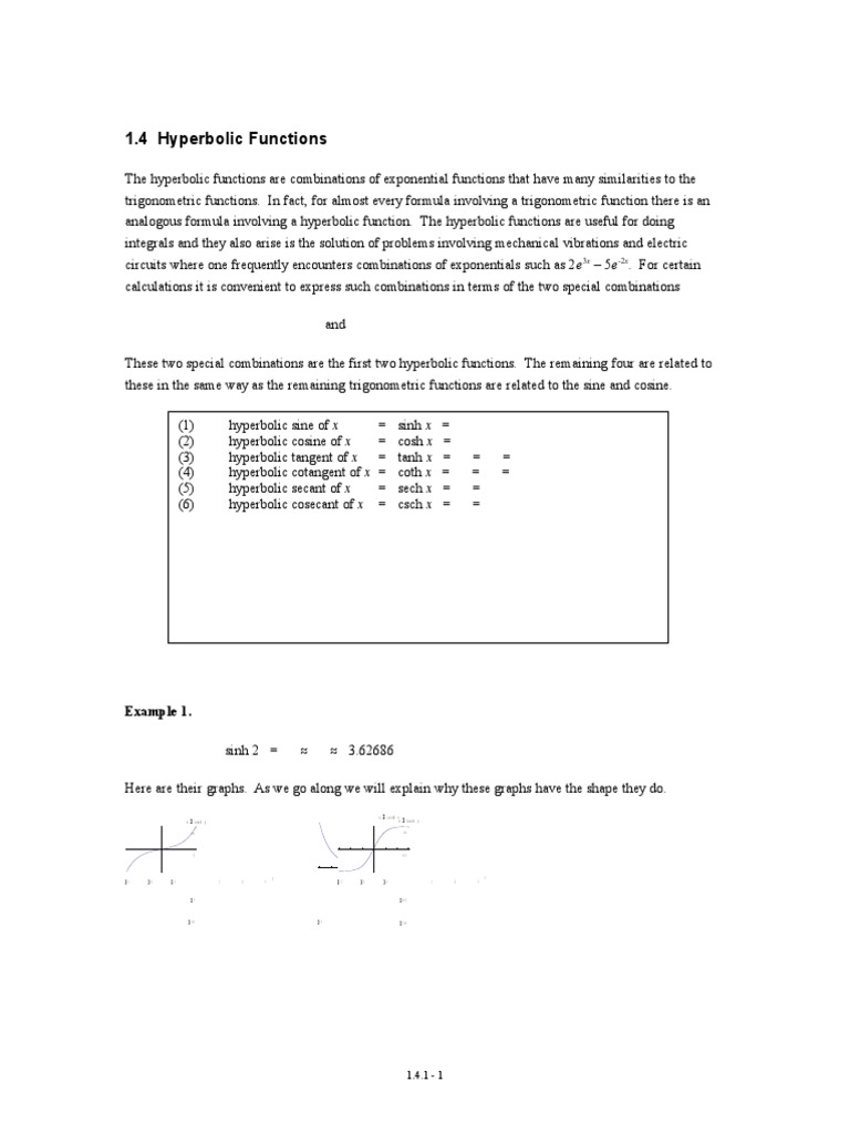 1.4 Hyperbolic Functions | PDF | Trigonometric Functions | Differential ...