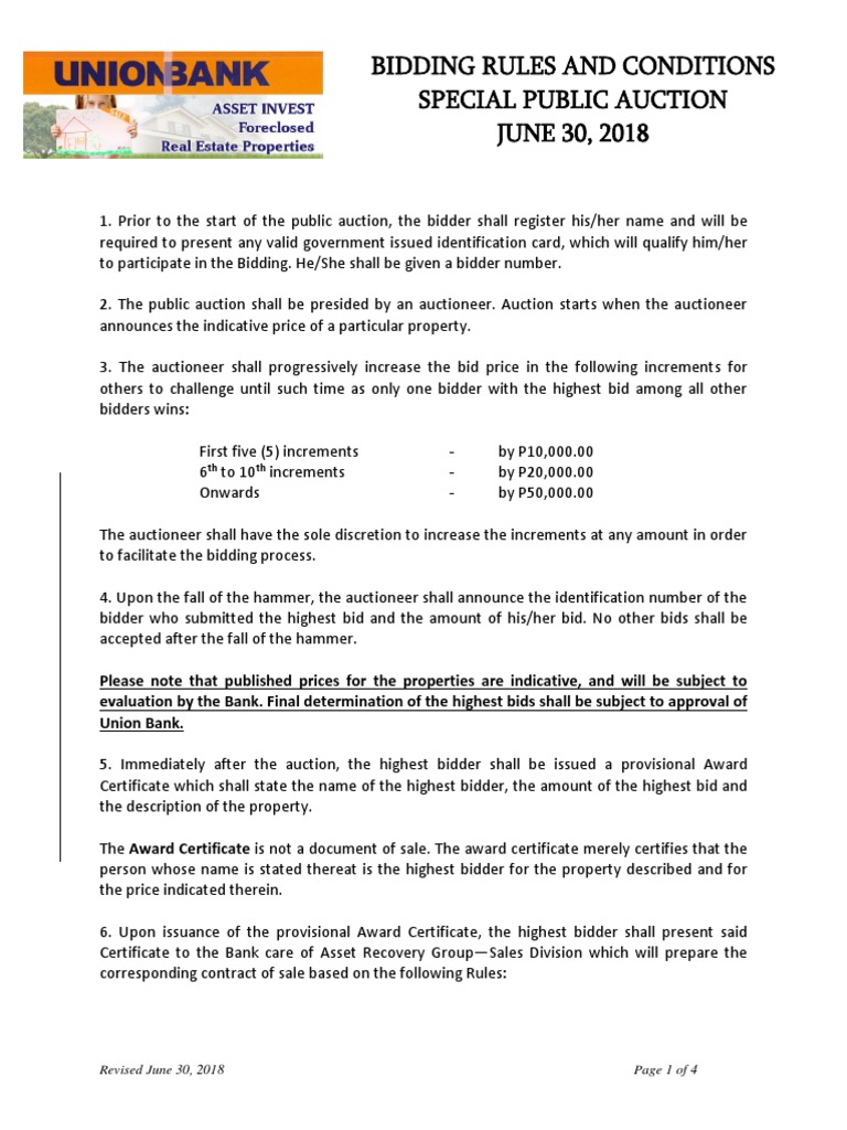 Union Bank Public Auction Rules | PDF | Auction | Taxes