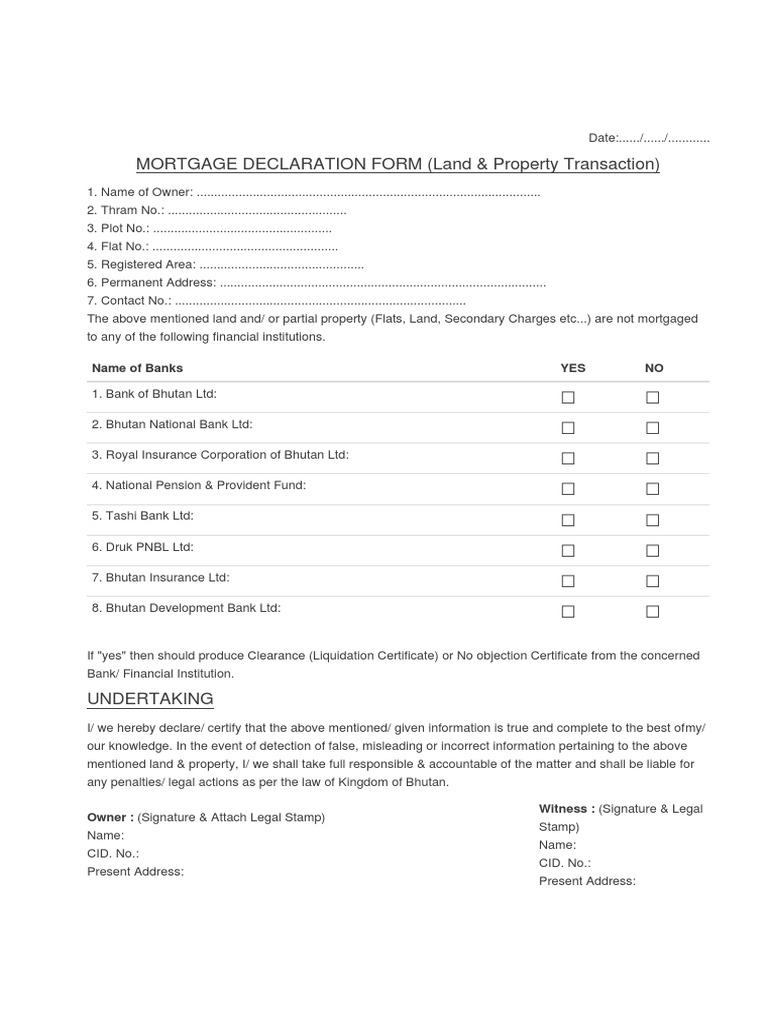 MORTGAGE DECLARATION FORM (Land & Property Transaction) : Name of Banks ...