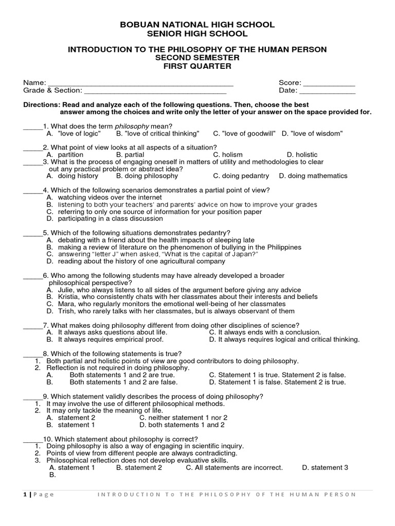 PHILOSOPHY EXAM FIRST QUARTER SECOND SEMESTER.docx | Scientific Method ...