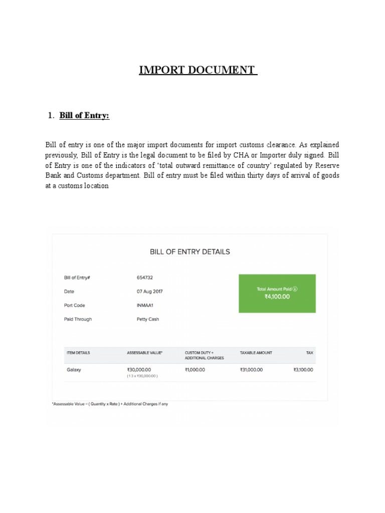 Import Document: 1. Bill of Entry | PDF | Letter Of Credit | Bill Of Lading