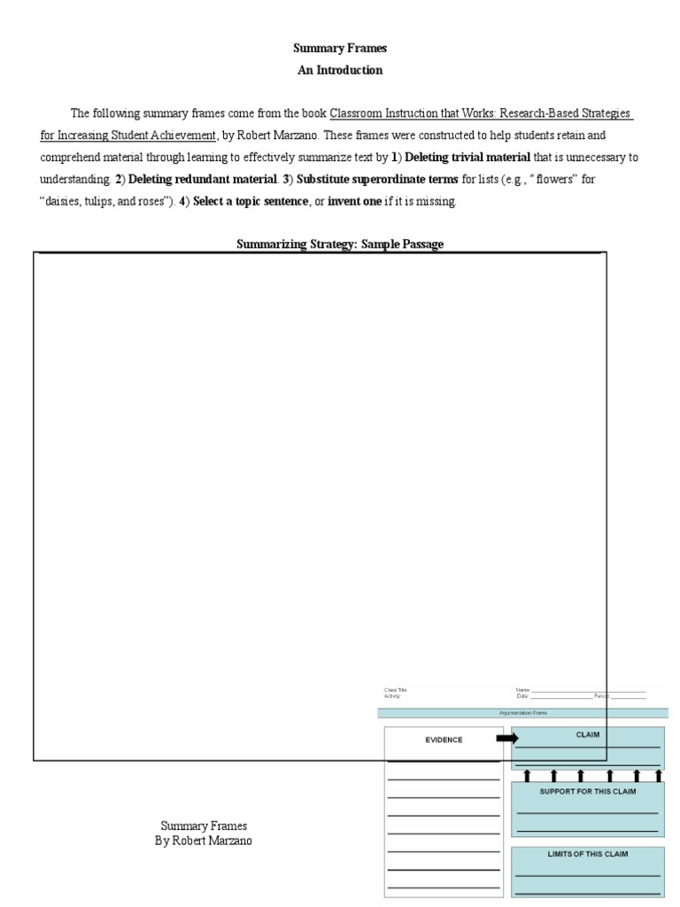 Summary Frames Worksheet | PDF | Psychology | Cognition