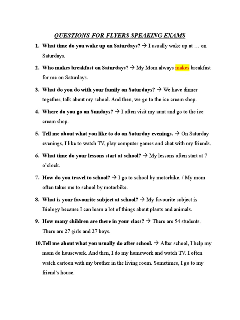 Questions For Flyers Speaking Exams | PDF | Foods