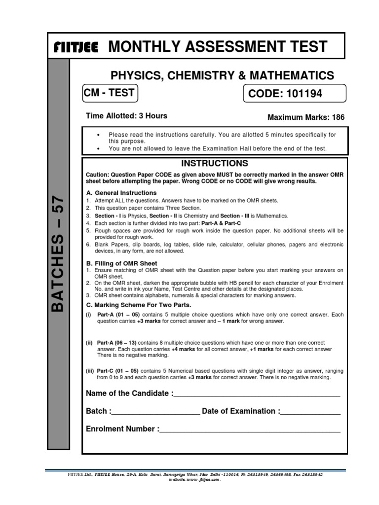 FIITJEE Monthly Assessment Test PCM | PDF | Electric Field | Function ...