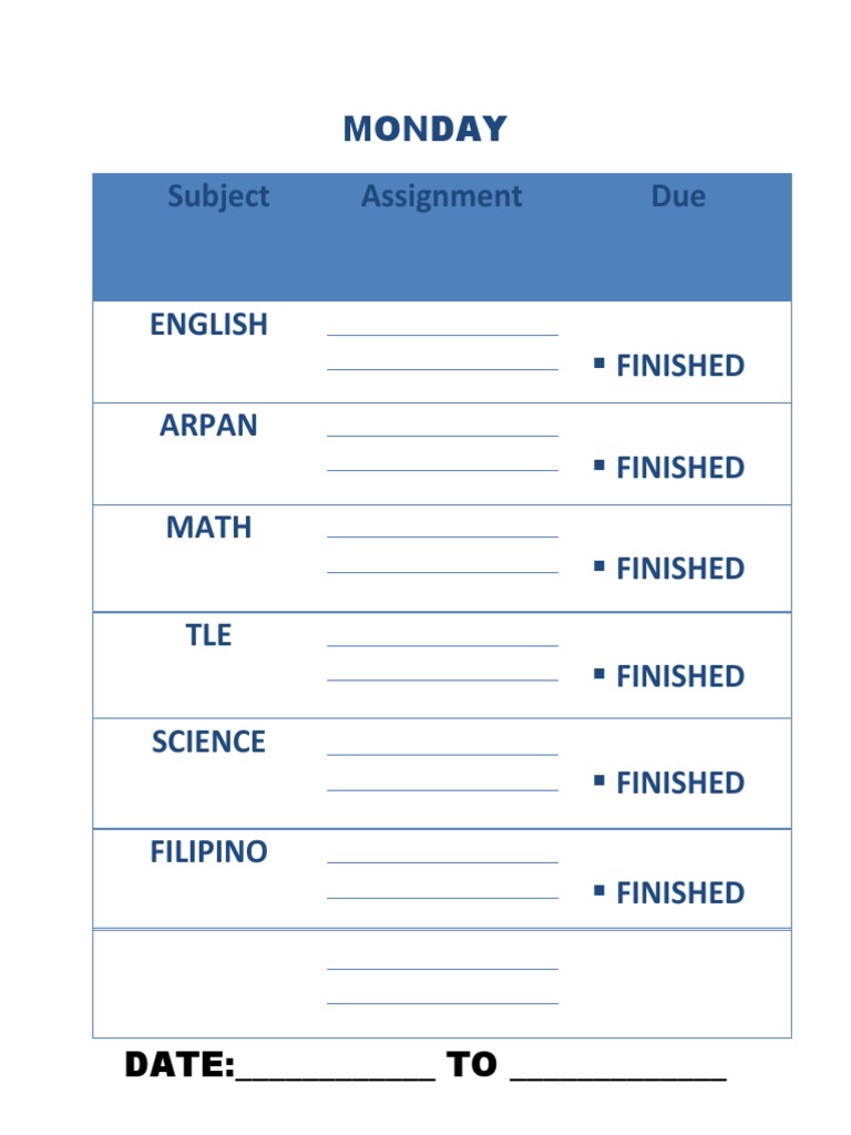 Weekly School Subject Schedule and Assignment Tracker: A Detailed ...
