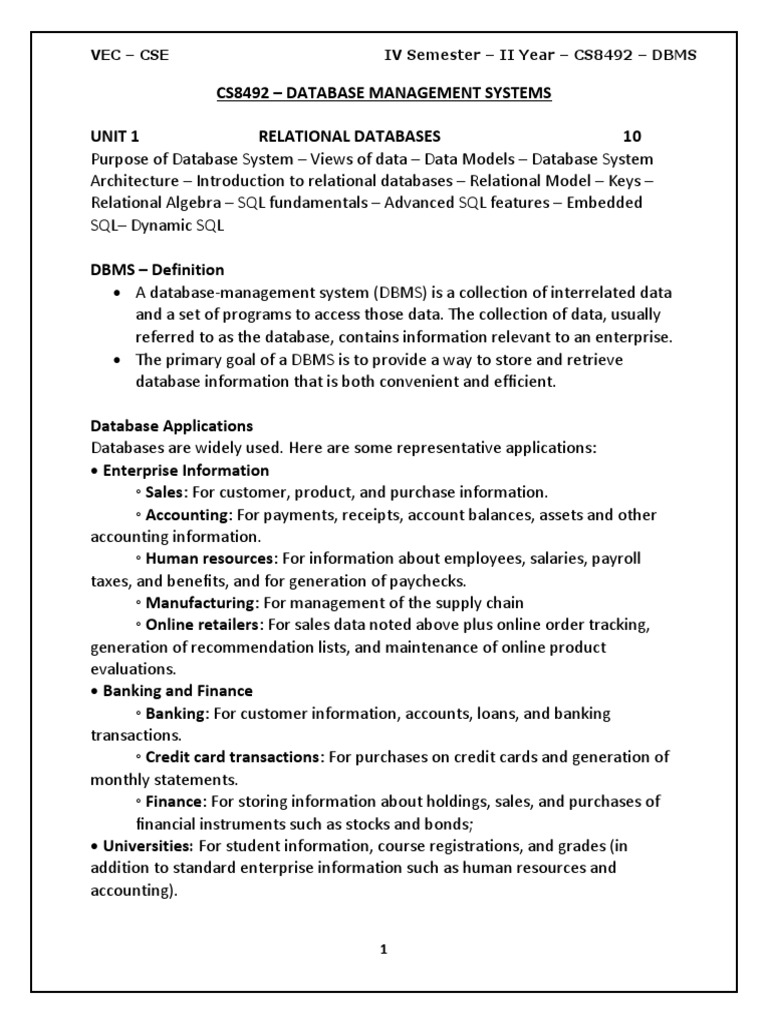 Vec - Cse IV Semester - II Year - CS8492 - DBMS | PDF | Databases | Relational Database