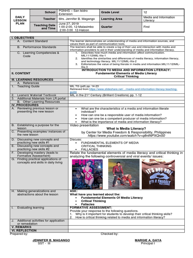 MIL Daily Lesson Plan | PDF | Information Literacy | Mass Media