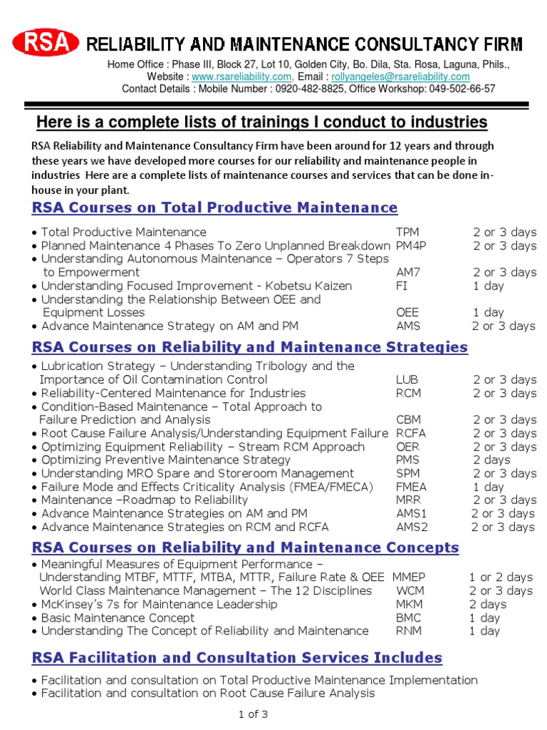 RSA Updated Lists of Courses | PDF | Reliability Engineering | Reuse