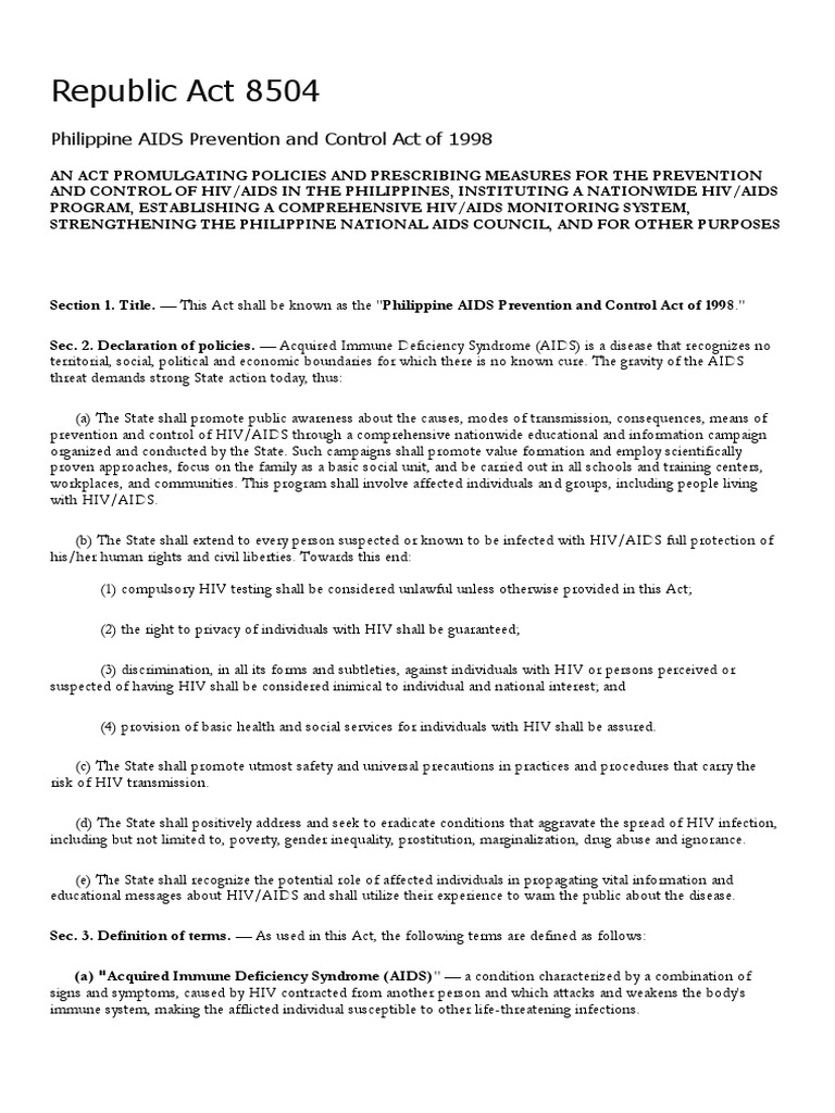 Summary of RA 8504: AIDS Control Act | PDF | Hiv/Aids | Confidentiality