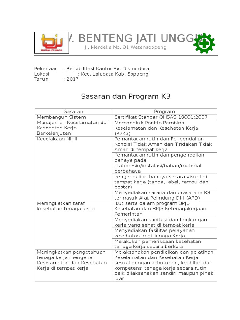Sasaran Dan Program K3 | PDF Sasaran Dan Program K3 | PDF