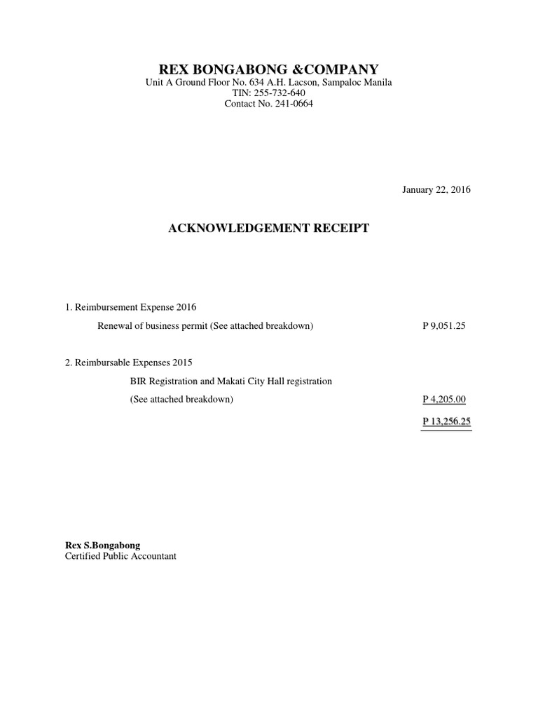 ACKNOWLEDGEMENT RECEIPT Sample