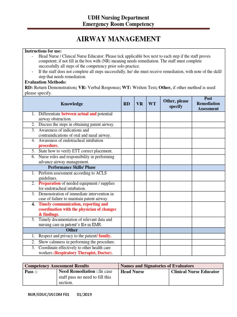 Revised Airway Management Competency | PDF | Nursing | Emergency Department