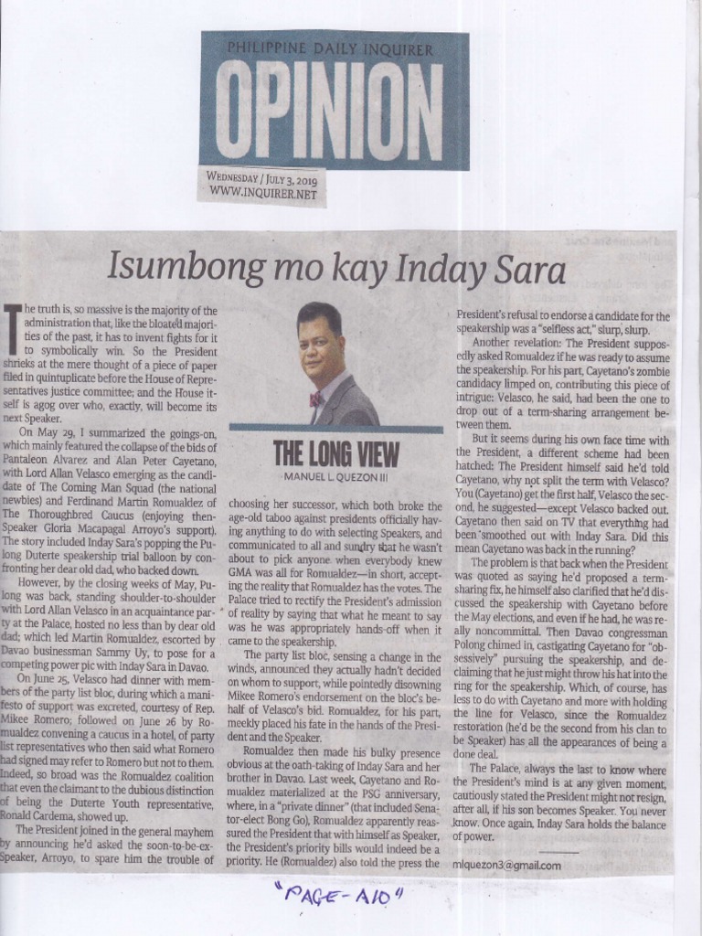 Philippine Daily Inquirer, July 3, 2019, Isumbong Mo Kay Inday Sara PDF ...
