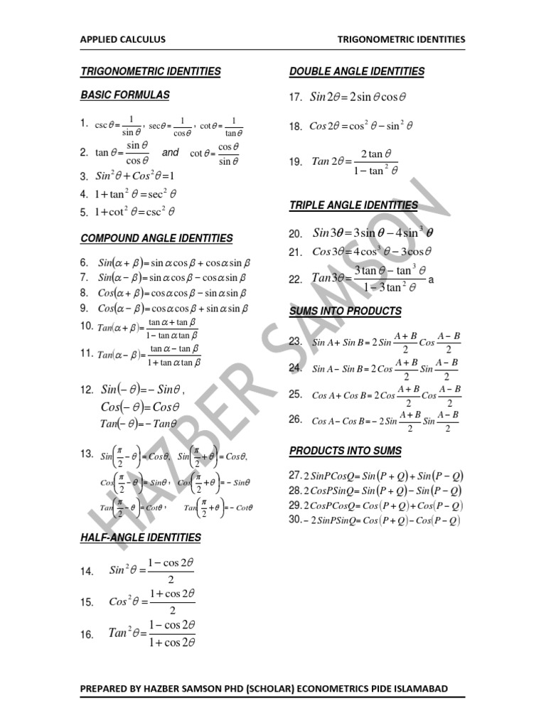 Trigonometric Formulas PDF | PDF