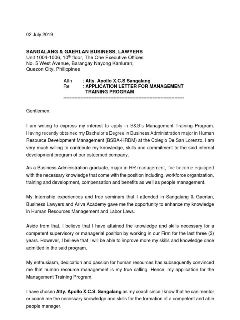 S&G Management Training Application Letter | PDF