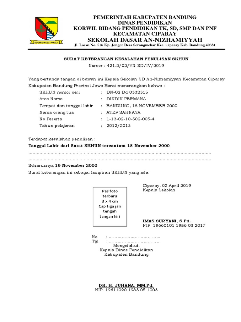 Format Surat Keterangan Kesalahan Penulisan Ijazah Atau STTB (Sekolah ...