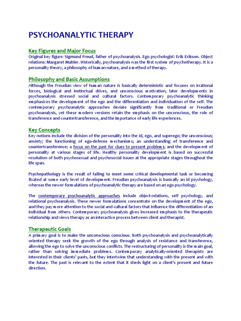 Psychoanalytic Therapy: Key Figures and Major Focus | PDF | Psychoanalysis | Id