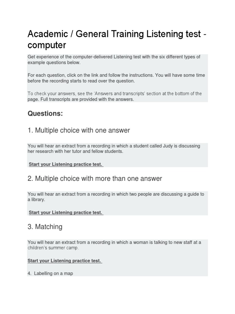 Academic / General Training Listening Test - Computer: Questions | PDF