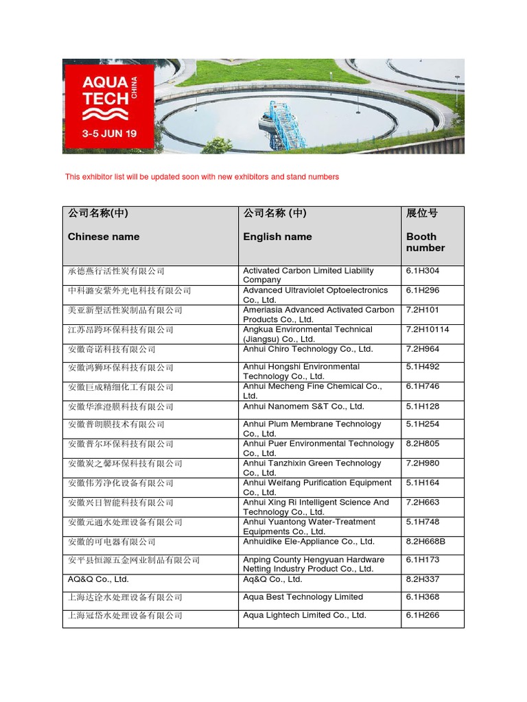 Aquatech China 2019 Exhibitor List-2 | PDF