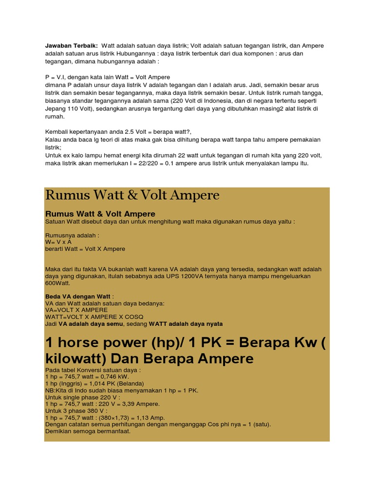 Hubungan Watt, Volt, dan Ampere Listrik | PDF