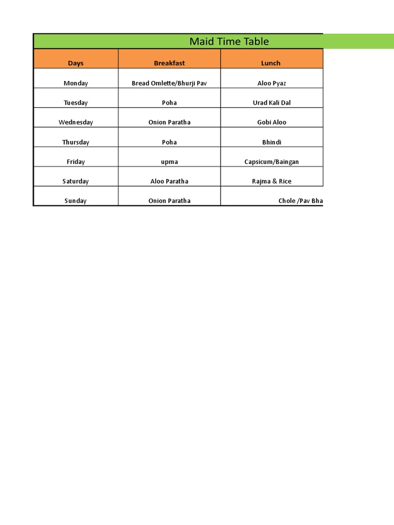 Maid Time Table: Days Breakfast Lunch | PDF