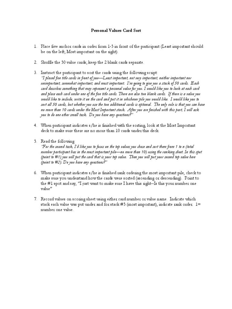 Personal Values Card Sort Instructions | PDF