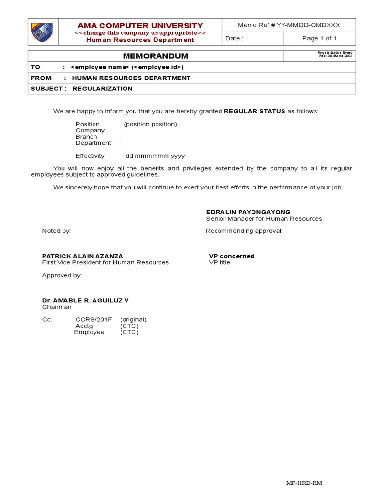 ZMF-HRD-RM (Regularization Memo) | PDF