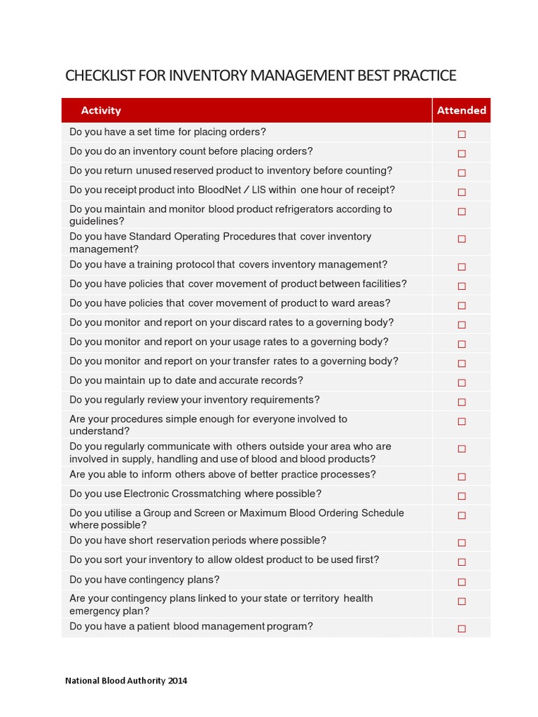 Blood Inventory Management Checklist | PDF | Business | Wellness