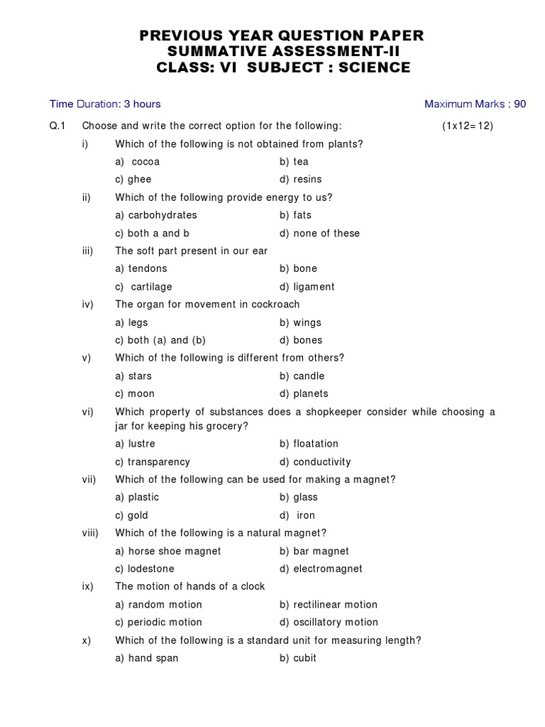 Sample Paper For Grade 6 | PDF | Carbon | Magnet