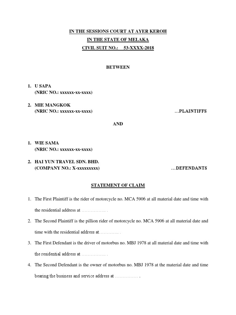 Statement of Claim Sample | PDF | Negligence | Damages