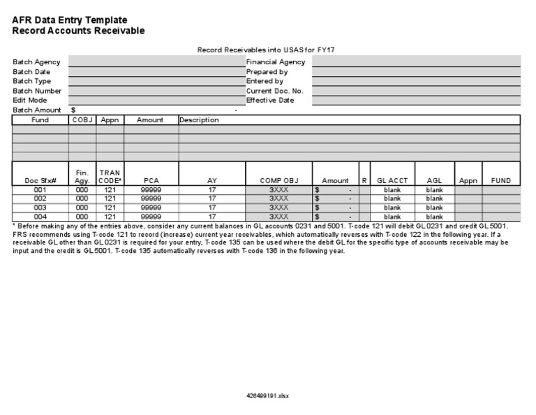 AFR Data Entry Template Record Accounts Receivable | PDF