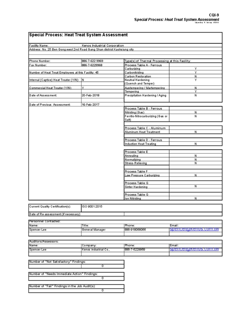 CQI-9 Self Assessment in 2018 | Heat Treating | Specification ...