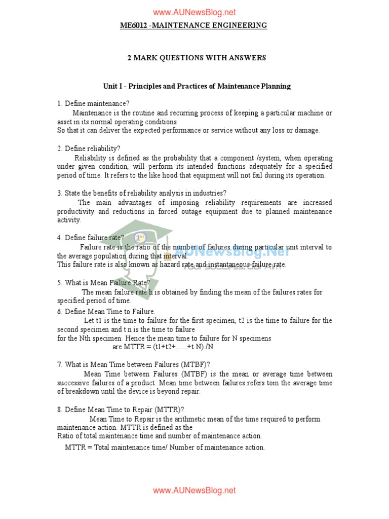 Me6012 - Maintenance Engineering | PDF | Reliability Engineering ...