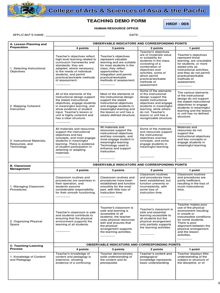 HRDF Teaching Demo Evaluation Form | PDF | Pedagogy | Teachers
