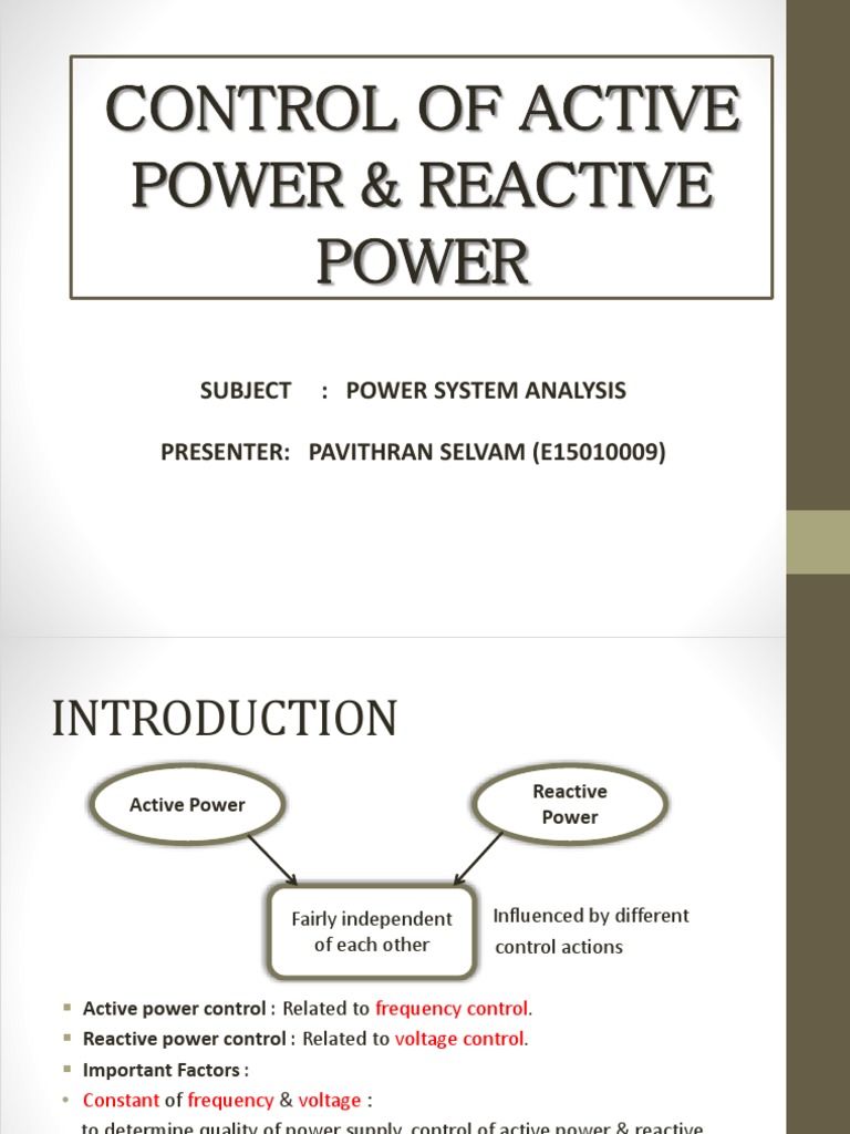 Control of Active Power & Reactive Power: Subject: Power System ...