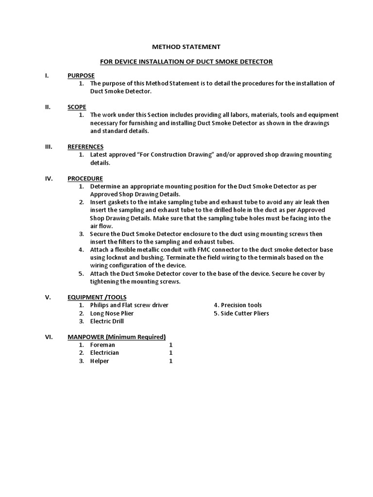 Method Statement For Duct Smoke Detector | PDF