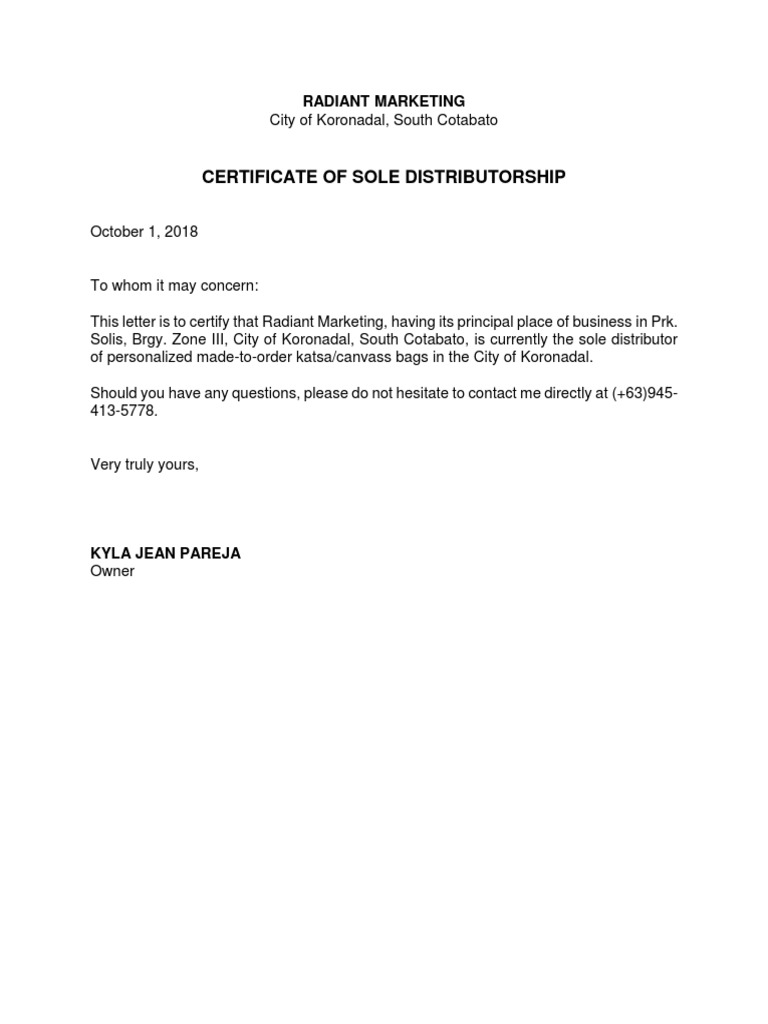 Certificate of Sole Distributorship.docx
