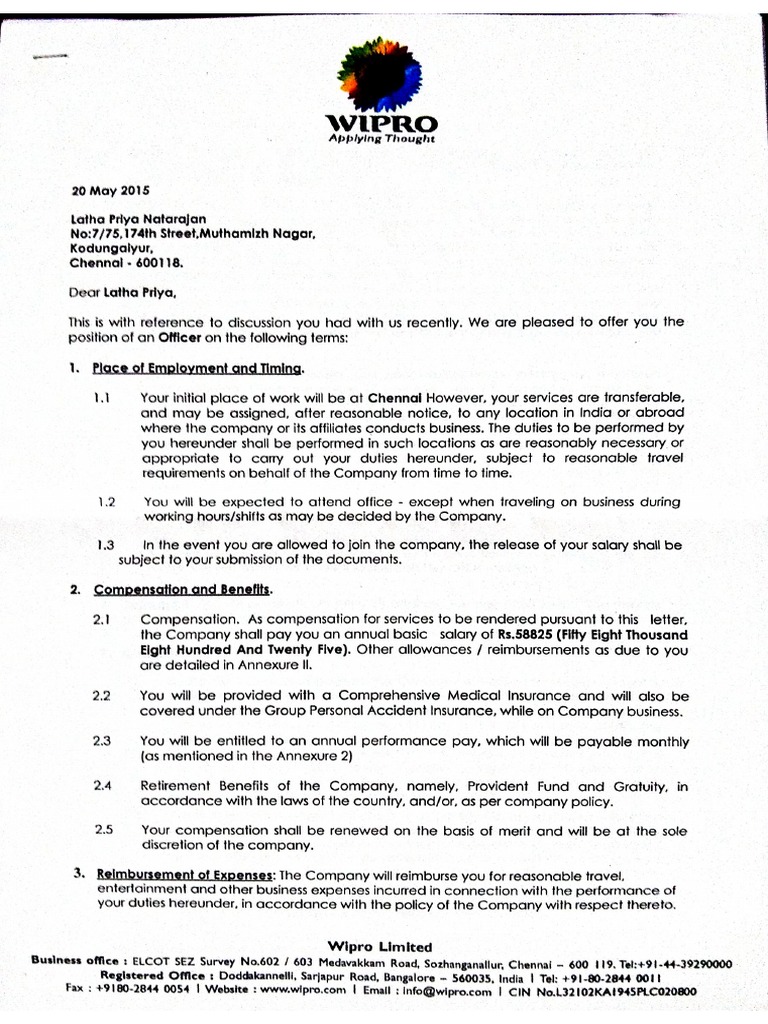 Wipro Offer Letter | PDF