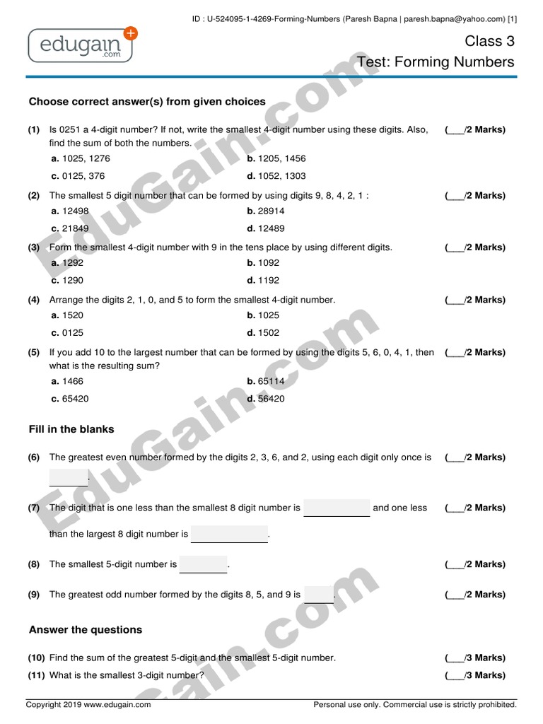 Class 3 Test: Forming Numbers: Choose Correct Answer(s) From Given ...