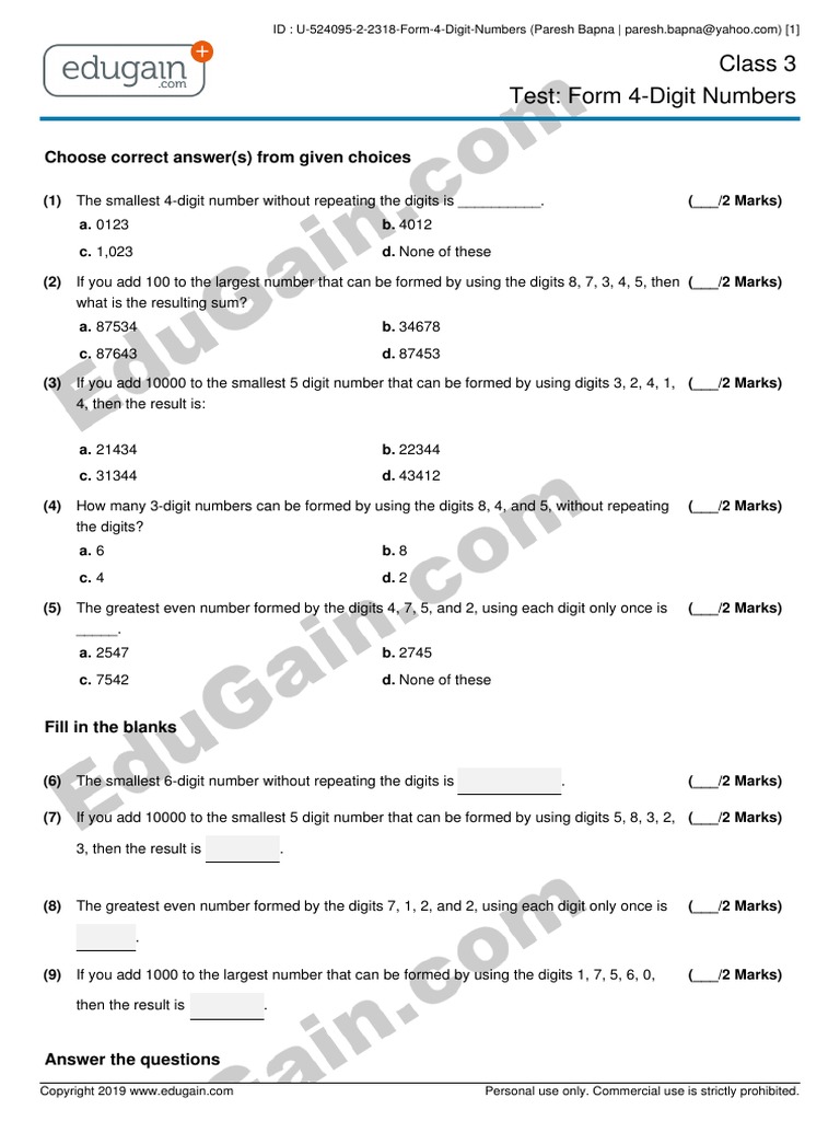 Class 3 Test: Form 4-Digit Numbers: Choose Correct Answer(s) From Given ...