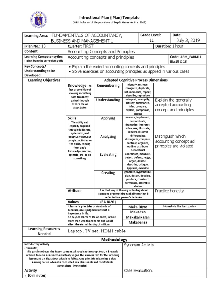 FABM - Accounting Concepts and Principles Iplan | PDF | Learning | Cognitive Science