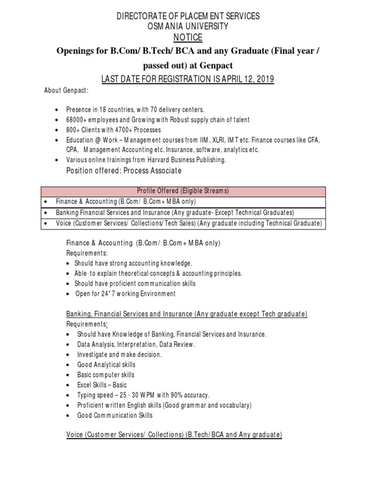 Notice Passed Out) at Genpact: Directorate of Placement Services ...