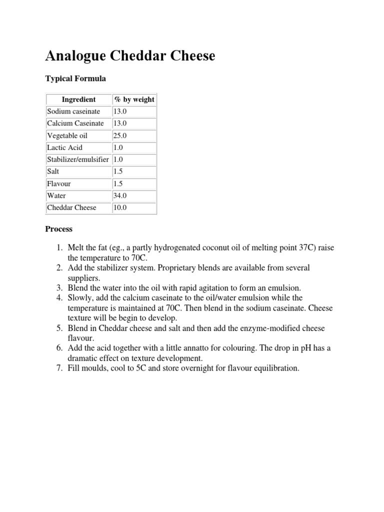 Analogue Cheddar Cheese Formulation | PDF | Cheese | Emulsion