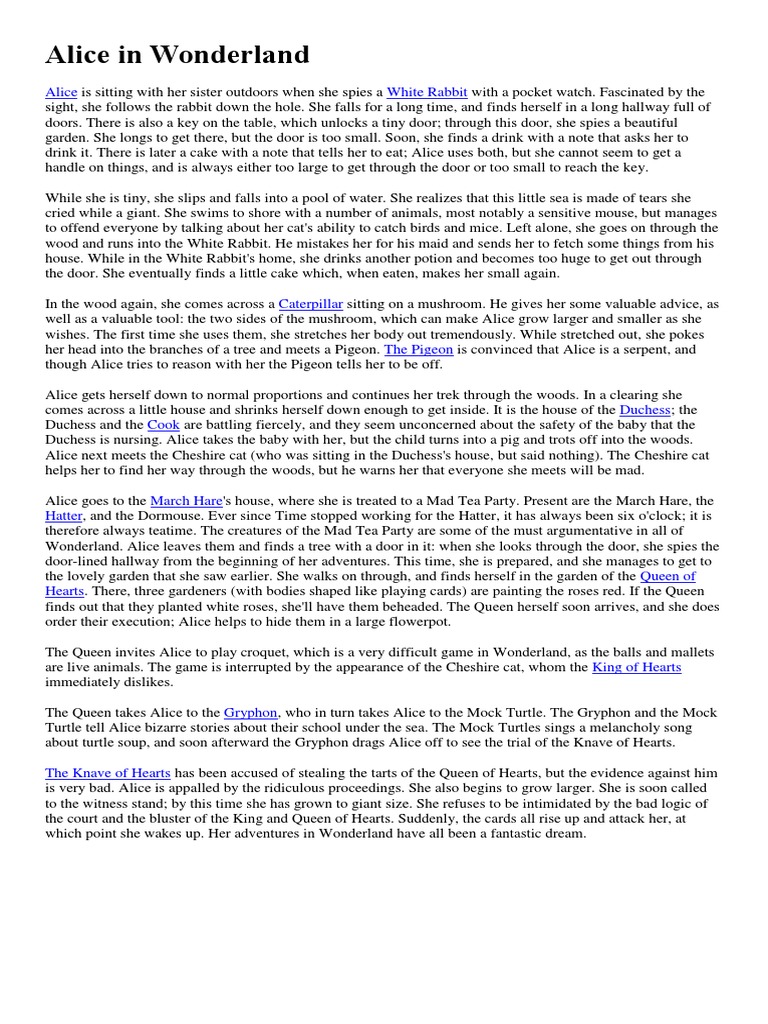 Alice in Wonderland: A Summary | PDF | Literature Featuring ...