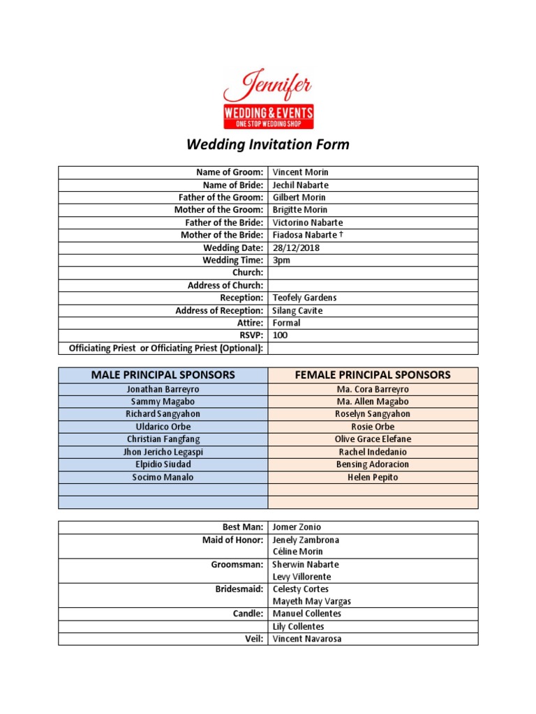 Wedding Invitation Form | PDF | Bridesmaid | Fashion Related Occasions