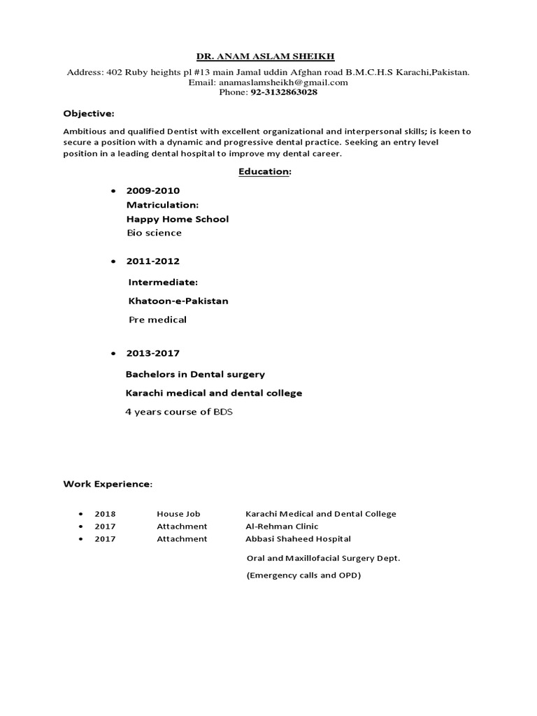 Anam CV | PDF | Dentist | Dentistry