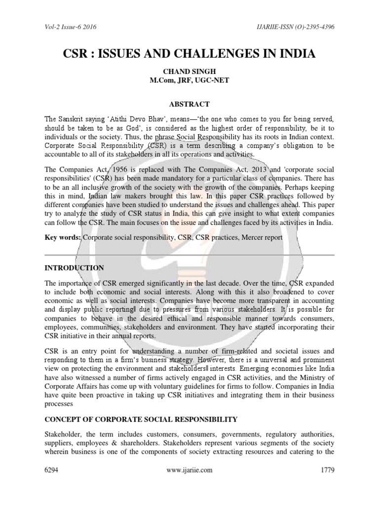 CSR Issues and Challenges in India Ijariie6294 | PDF | Corporate Social ...