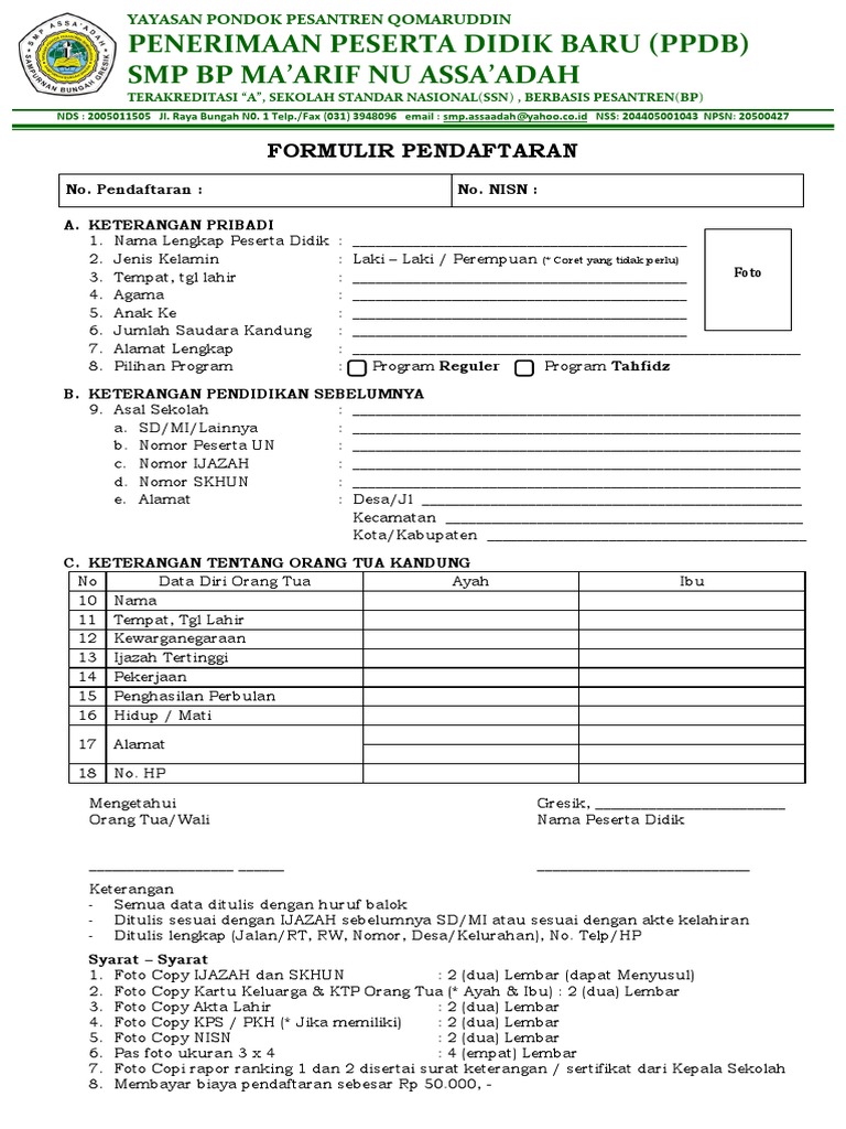 Formulir Pendaftaran PPDB 2018-2019 | PDF