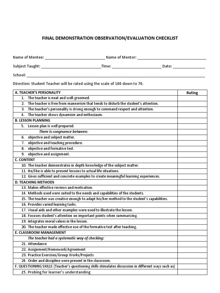 Final Demonstration Observation/Evaluation Checklist: A. Teacher'S ...