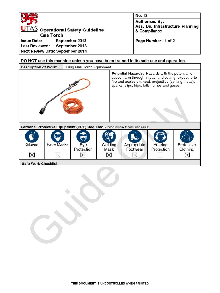 Operational Safety Guideline Gas Torch: Description of Work: Potential ...